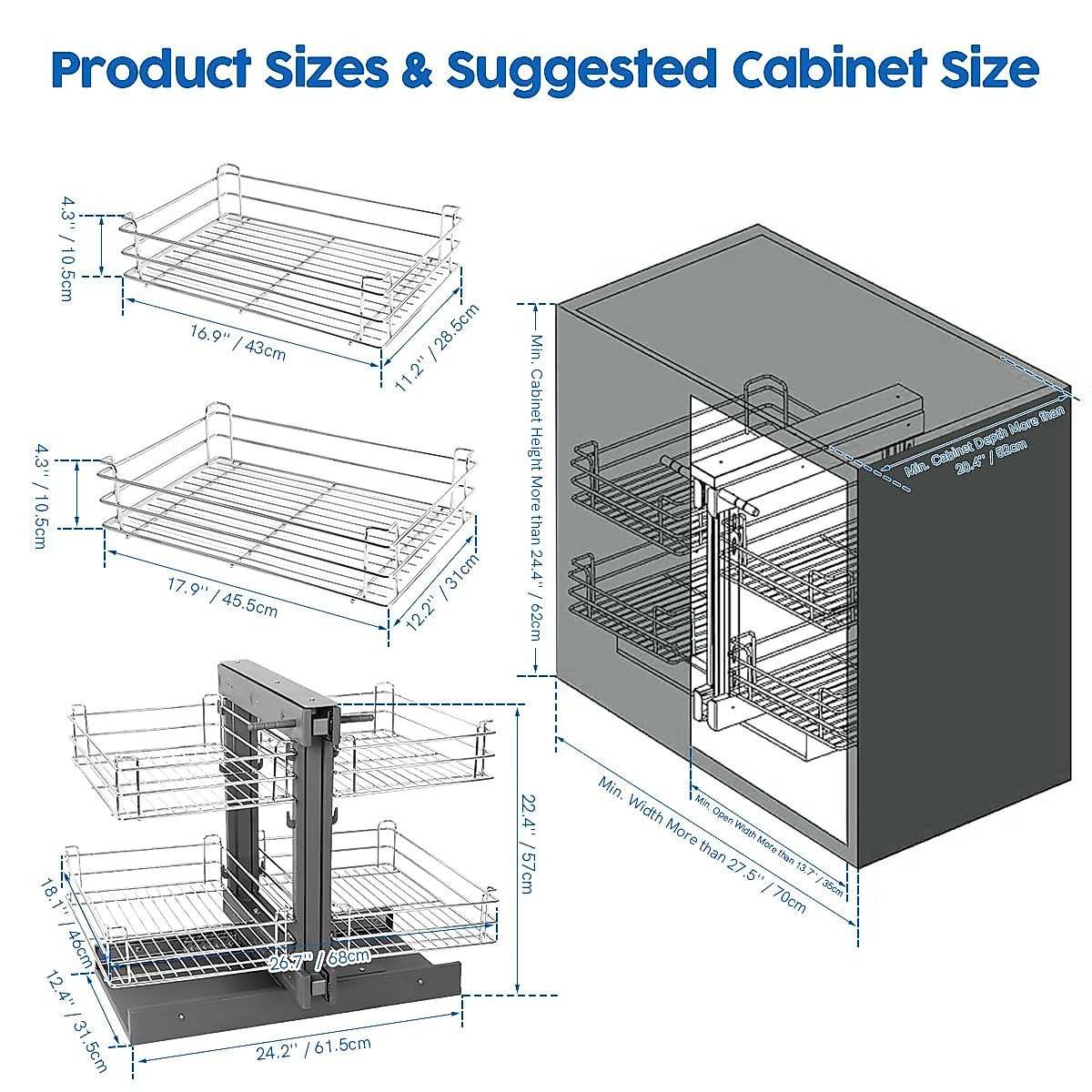 Xverycan Modern Cabinet Corner Organizer, 2-Tier 4-Basket Pull Out, Soft Close, 26.7"L x 18.1"W x 22.4"H