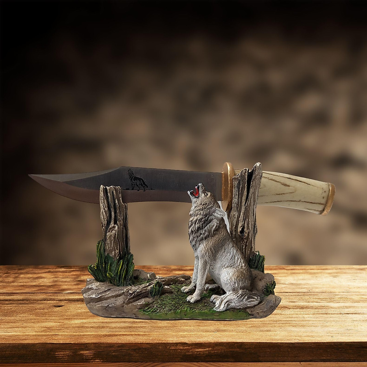 BestGiftEver Decorative Hunting Blade Knife with Wolf Display Stand - Hunting Cabin Home Decoration