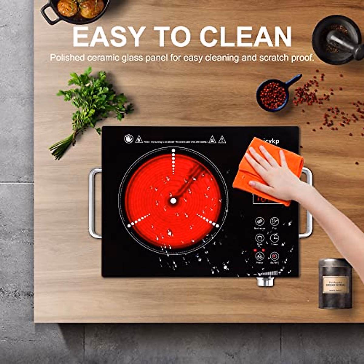 Ghjcvkp Portable Ceramic Cooktop, 1800W Electric Single Hot Plate for Cooking with 18 Power Levels, Infrared Countertop Burner with Sensor Touch, 4-hour Timer, Adjustable Knob