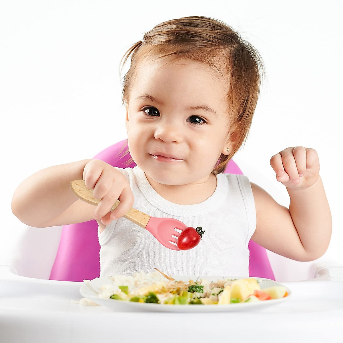 R HORSE 6Pcs Silicone Baby Forks and Spoon Set with Beech Handle Pink Purple Silicone Baby Feeding Set BPA-Free Baby Training Utensils Set Baby Led Weaning Spoon Set for Toddlers Boy Girl