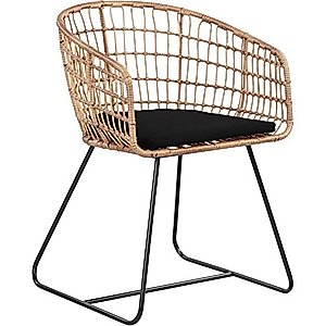 Tommy Hilfiger Graham Rattan Dining Chair, Woven Wicker Armchair with Seat Cushion Black Durable Metal Legs, Boho Modern Accent Lounge Furniture, Natural