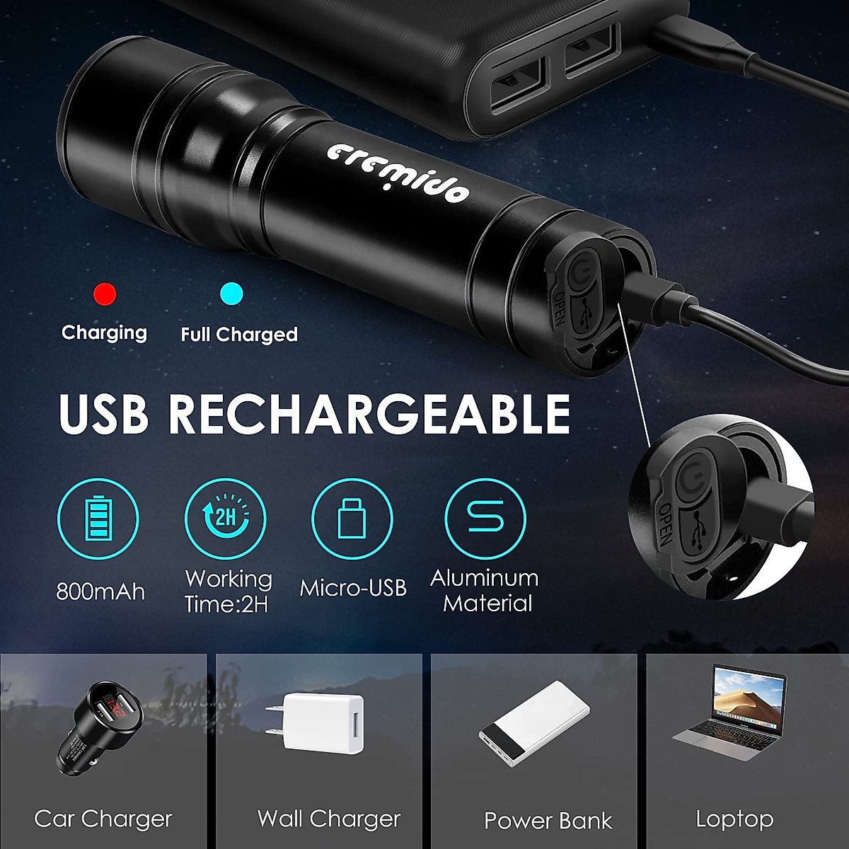 eremido LED Flashlight, 2023 New White Strong Light, Durable Metal Aluminum Material, IP44 Waterproof, Four Modes switchable, Micro USB Charging, can be Used for Indoor and Outdoor Emergency use