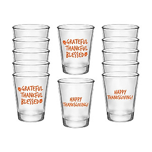 Grateful, Thankful,Blessed Thanksgiving Shot Glasses - Set of 12 Glass Turkey Day Holiday Drinkware - Fall Decor Drink Accessories with Double-Sided Prints - Novelty Home & Friends Giving