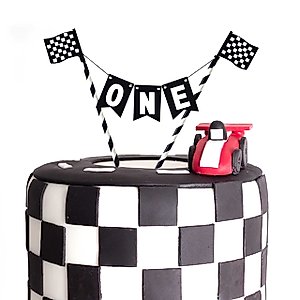 Race Flag Cake Topper - Race Car First Birthday Party Decorations ,Racing Themed Birthday. Fast One Birthday Party Supplies (RACE FLAG CT)