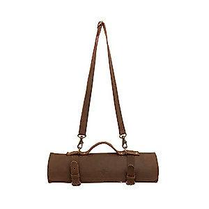TOURBON Leather Knife Roll Bag, Kitchen Tool Holder with 5 Slot and Zipper pocket, Camping Cooking Tools Stroage Carry Case with Shoulder Strap