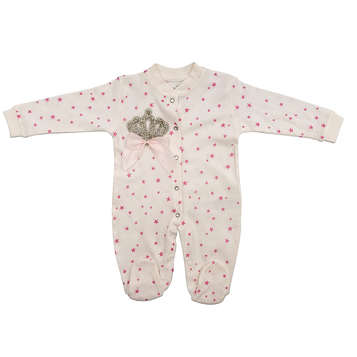LAL & LUNA Baby 3 Pc Crown Jewel Cotton Outfit, Footie with Hat and Mittens (09-White -Pink Star (Girl), 0-3 Months)