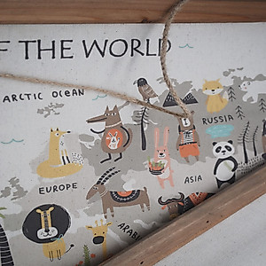 Animal World Map Hanging Canvas Wall Art , World Maps for Kids Wall, Baby Room World Map, Animals of The World Poster for Children Education, 24"x18" Ready to Hang