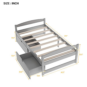HZSSDTKJ Twin Size Platform Bed with Two Storage Drawers, Solid Wood Daybed Frame with Wooden Slats Support for Kids Teens Girls Boys Adults, No Box Spring Needed (Gray-T6, Twin)