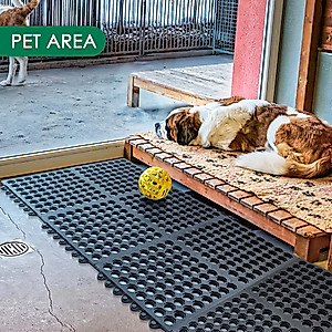 Rubber Floor Mats Anti Fatigue Kitchen Mats 9 Pack 11.8" x 11.8" Modular Rubber Interlocking Floor Tiles, Drain Pool Balcony Patio Yard Pet Area Use Restaurant Bar Floor Mat Black