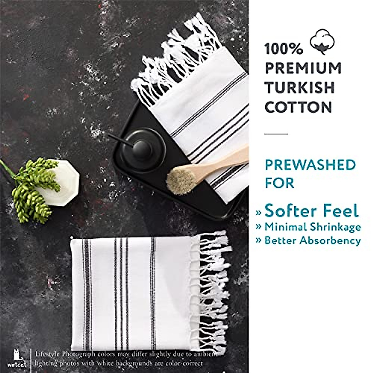 WETCAT Turkish Hand Towels with Hanging Loop (20 x 30) - Set of 2, 100% Cotton, Soft - Pre Washed Boho Farmhouse Kitchen Towels - Unique Decorative Hand Towels for Bathroom (Black & White)