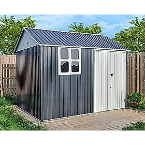 VanAcc 10x8x8 FT Shed - Nordic Cottage Storage Shed 4-pane Window Outdoor Metal Garden House Double Lockable Hinged Doors for Backyard Garden Patio Lawn Dark Grey/White