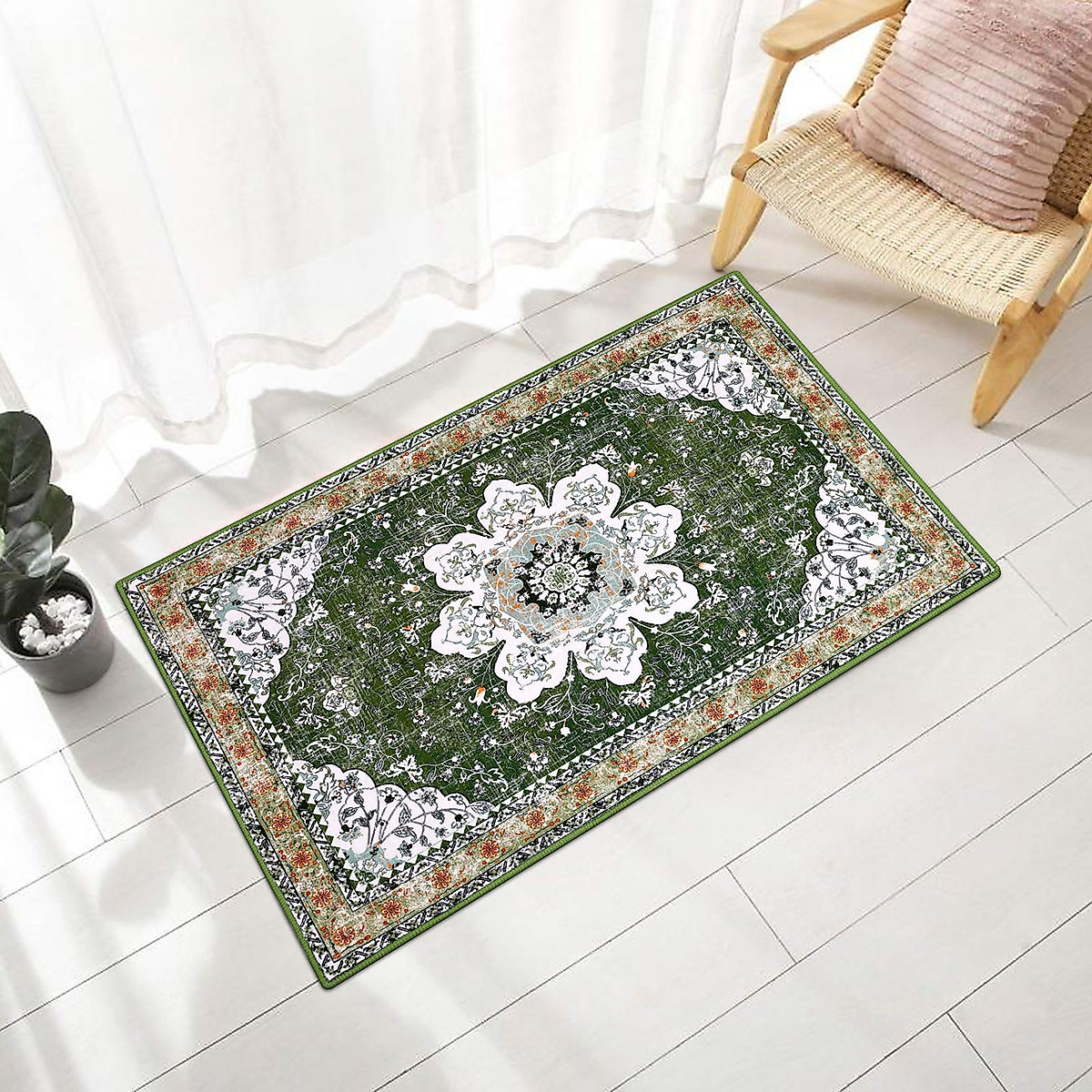 Ileading Bohemian Vintage Small Area Rug,Machine Washable Low-Pile Entrance Door Mat, Non-Slip Entryway Runner Rug, Non-Shedding Inside Welcome Mat for Hallway Kitchen Pets (Green 2x3ft)