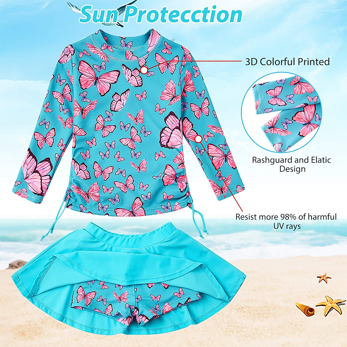 swimsobo Girls Two Pieces Swimsuit Butterfly Bathing Suit Long Sleeve Rash Guard Swimming Skirt with Shorts Swimwear 9 10 Years Old