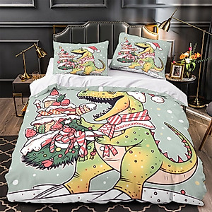 LENTLY Cartoon Dinosaur 3D Print Bedding Set Soft Microfiber Quilt Covers 3 Pieces Christmas Theme Comforter Cover with Pillowcase for Childrens and Adults Duvet Cover Twin（173x218cm）