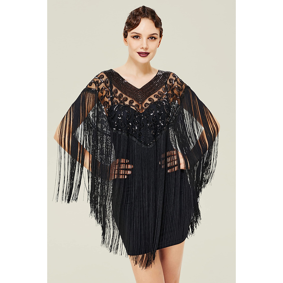 BABEYOND 1920s Shawl Wraps Long Fringed Evening Cape Sequin Beaded Party Shawl