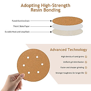 SUPBICCO 50 PCS 6 Inch Sanding Discs Hook and Loop, 80 120 220 320 400 Assorted Grits Sand Paper Disc for Random Orbital Sander, 6 Hole Gold Random Orbital Sandpaper Pads