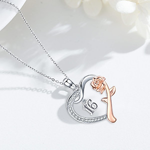 16 Year Old Gifts for Birthday/ Sweet 16th Birthday Gifts for Daughter 925 Sterling Silver Love Heart Rose Flower Pendant Necklace for Women Mothers Day Christmas Anniversary Graduation Jewelry