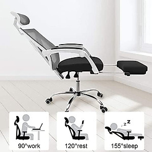 Hbada Ergonomic Office Chair High Back Desk Chair Recliner Chair with Lumbar Support Height Adjustable Seat, Headrest- Breathable Mesh Back Soft Foam Seat Cushion with Footrest, White