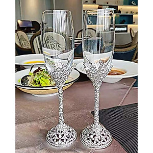 Jozen Gift Champagne Flutes - Crystal Glass Metal Base With Crystal Stones, Set of 2 Toasting Flute Pair, Wedding Anniversary Party Birthday Banquets and Gifts for Bride and Groom7oz