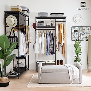 CAPHAUS 550lbs Capacity Garment Rack for Hanging Clothes, Heavy Duty Metal Open Wardrobe w/Hanging Rods & Drawers, Free Standing Closet Organizer, Metal Closet w/Wooden Boards, Black Vintage Board