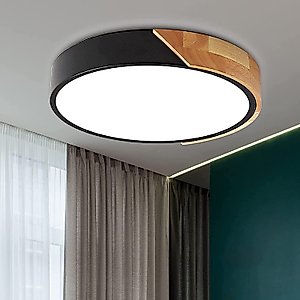 LED Ceiling Light, Minimalist Flush Mount Ceiling Light Fixture, 4500K, Close to Ceiling Light Fixtures with Black Metal and Wood Design, Round Ceiling Lights for Bedroom Closet Hallway