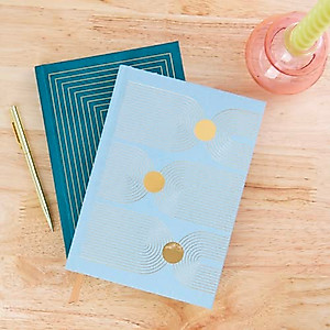 DesignWorks Ink Sueded Paper Journal Notebook with 160 Lined Pages, Ribbon Bookmark, and Storage Pocket for Work, Writing, Journaling, 5.75" x 8.125" - Blue with Gold Geometric Arch Dot
