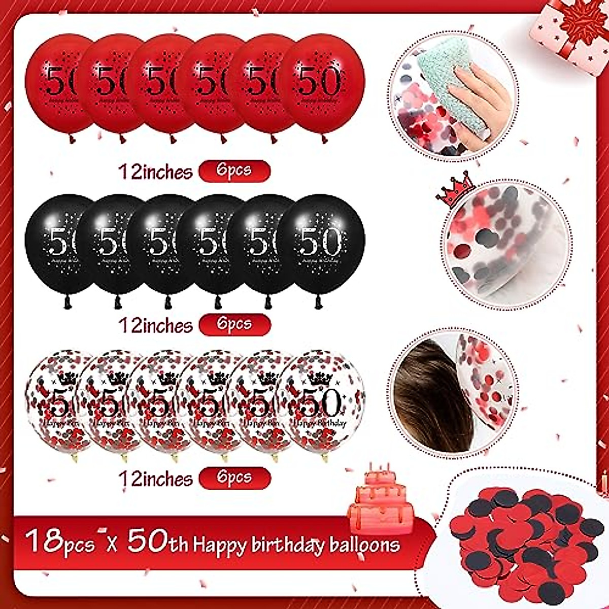 Red 50th Birthday Party Decorations for Women Men Red Black Balloons Banner Supplies Happy 50th Birthday Banner and 18pcs 50th Birthday Balloons Set for 50 Years Old Birthday Anniversary Party Decor