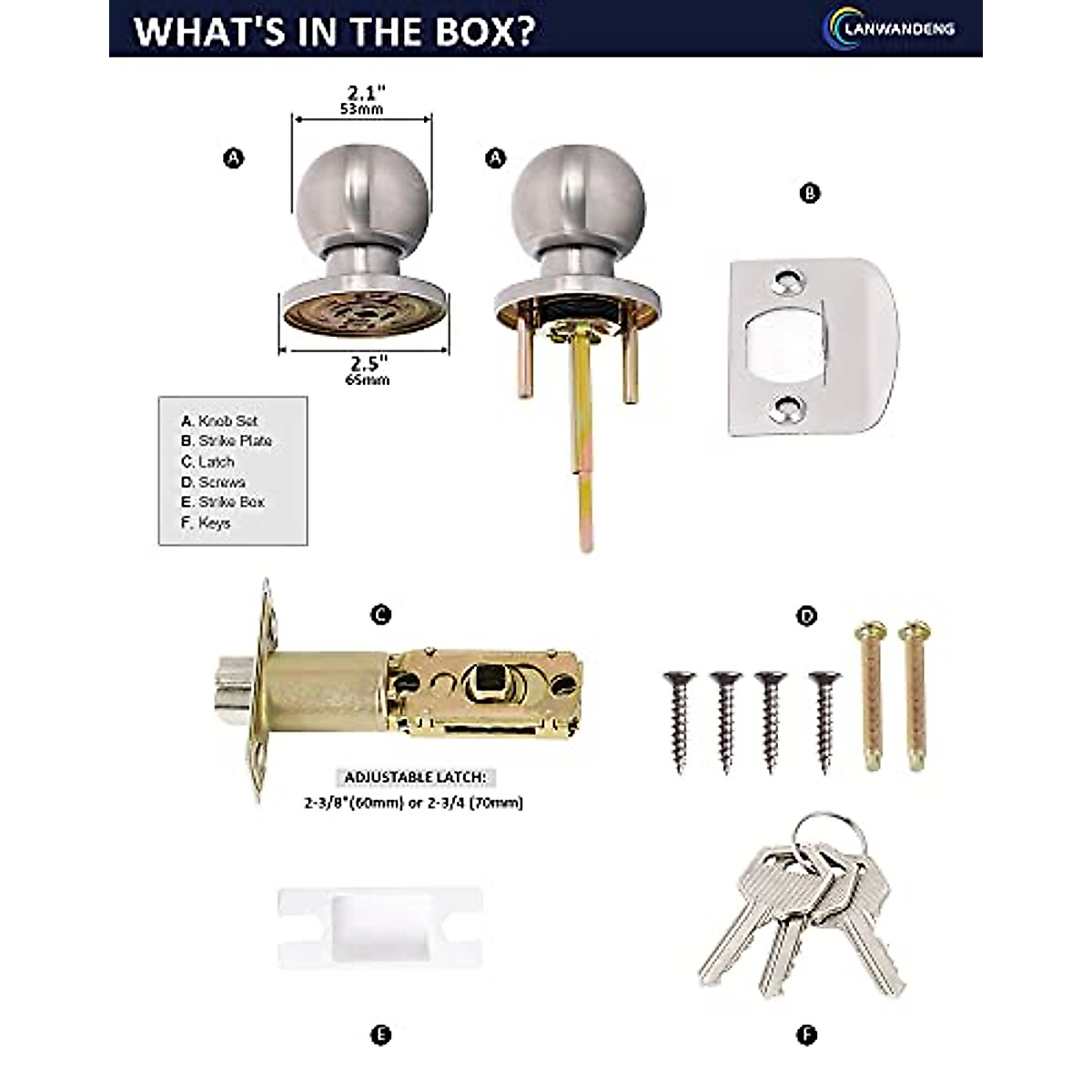 Lanwandeng (2 Pack) Entry Door Knob with Lock and Keys, Exterior/Interior Door Locks with Screwdriver for Bedroom or Bathroom,Satin Nickel Door knobs