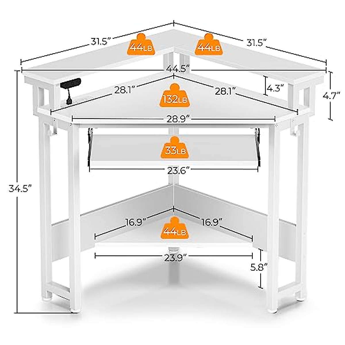 Rolanstar Corner Desk, 44.5"W x 34.5"H Small Computer Desk with Power Outlets & LED Lights, Triangle corner computer desk with Keyboard Tray & Monitor Stand for Small Space, Small Office Desk, White