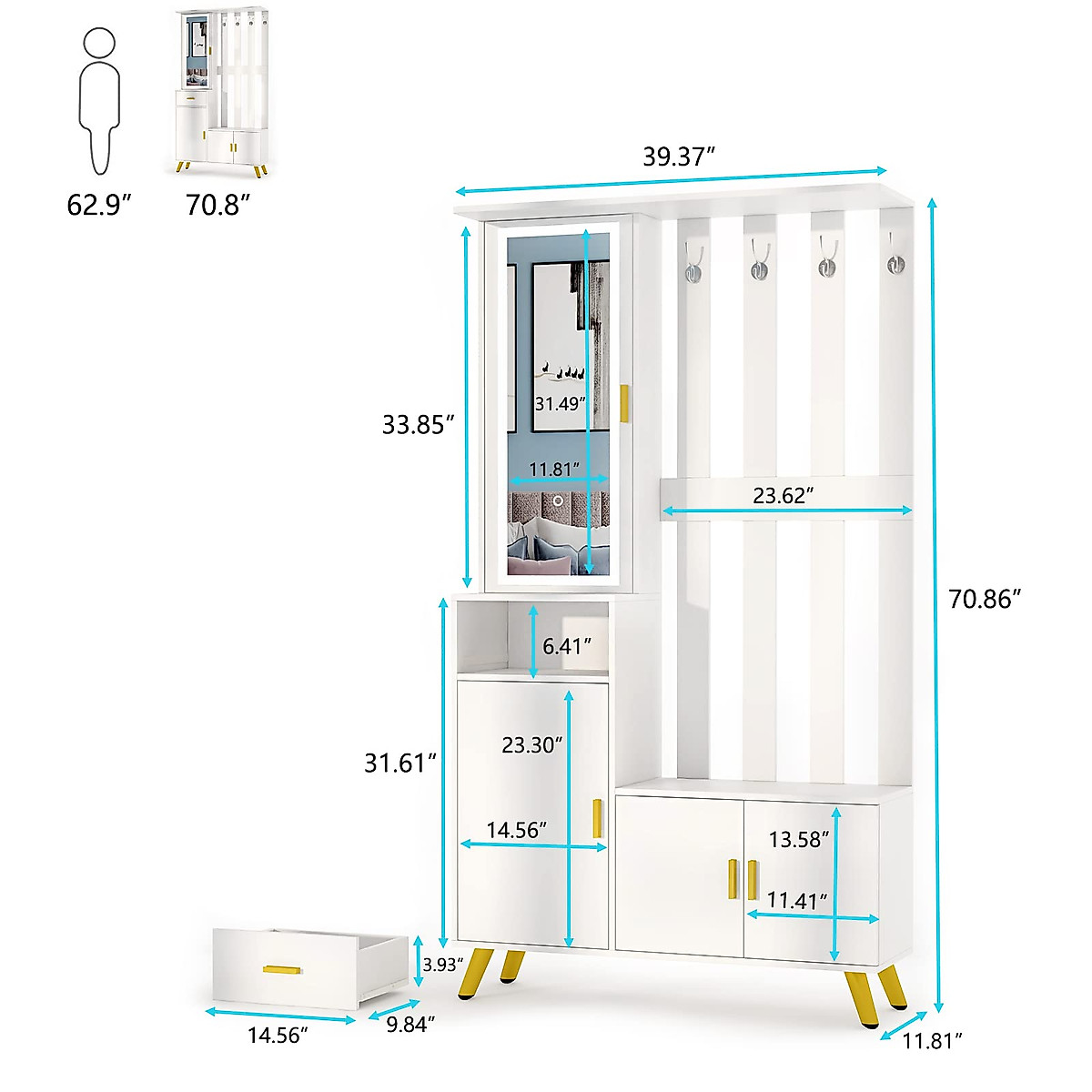 PAKASEPT Hall Tree with Bench and Shoe Storage, Farmhouse Entryway Bench with Coat Rack, Multi-Purpose Home Organizer, Sliding Barn Doors, Entryway Solution with Seating and Hooks