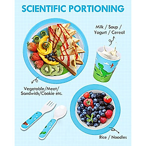 Lehoo Castle Kids Plates and Bowls Sets, 5 Piece Baby Feeding Set - Includes Plate, Bowl, Cup, Fork and Spoon Utensil Flatware, Kids Dinnerware Set for Kids, Toddlers (Dinosaur)