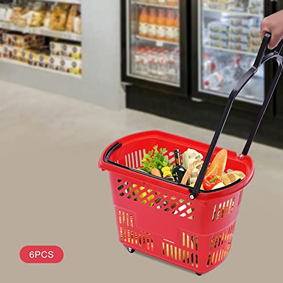 Bacacoo Plastic Shopping Carts, 6 Trolley Rolling Shopping Baskets, 35l Shopping Trolley With Handles, Portable Shopping Basket Set In Supermarkets And Retail Stores (Red)