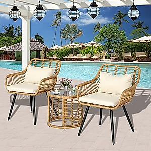 HTTH Outdoor Furniture Bistro Set Patio Conversation Bistro Set Outdoor Woven Rope Table Set Tan Wicker Chat Set with Cushions Patio Furniture Sets for Balcony Garde (S-Beige)