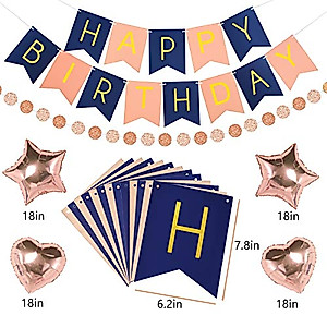 Navy Rose Gold Birthday Decorations 61 Pieces Balloon kit with foil Balloons,Flower Pompoms,Round String Suit for 1st 16th 21th 25th 30th 35th 40th, Women Grils Navy Rose Gold Birthday Party1