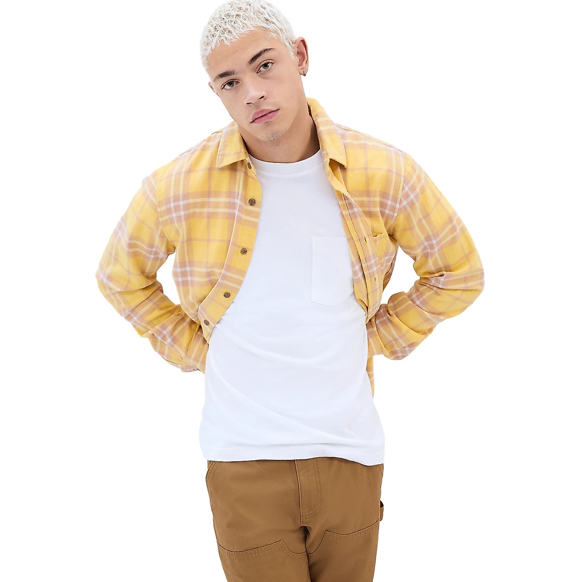 GAP mens Untucked Flannel Button Down Shirt, Yellow Beige Plaid, X-Small US