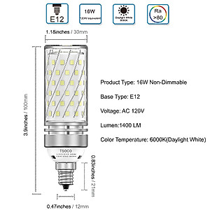 TSOCO E12 LED Bulbs,16W LED Chandelier Light Bulbs,120 Watt Equivalent,6000K Daylight White,1400LM,Non-Dimmable Ceiling Fan Light Bulbs,Pack of 3 (Daylight-16w)