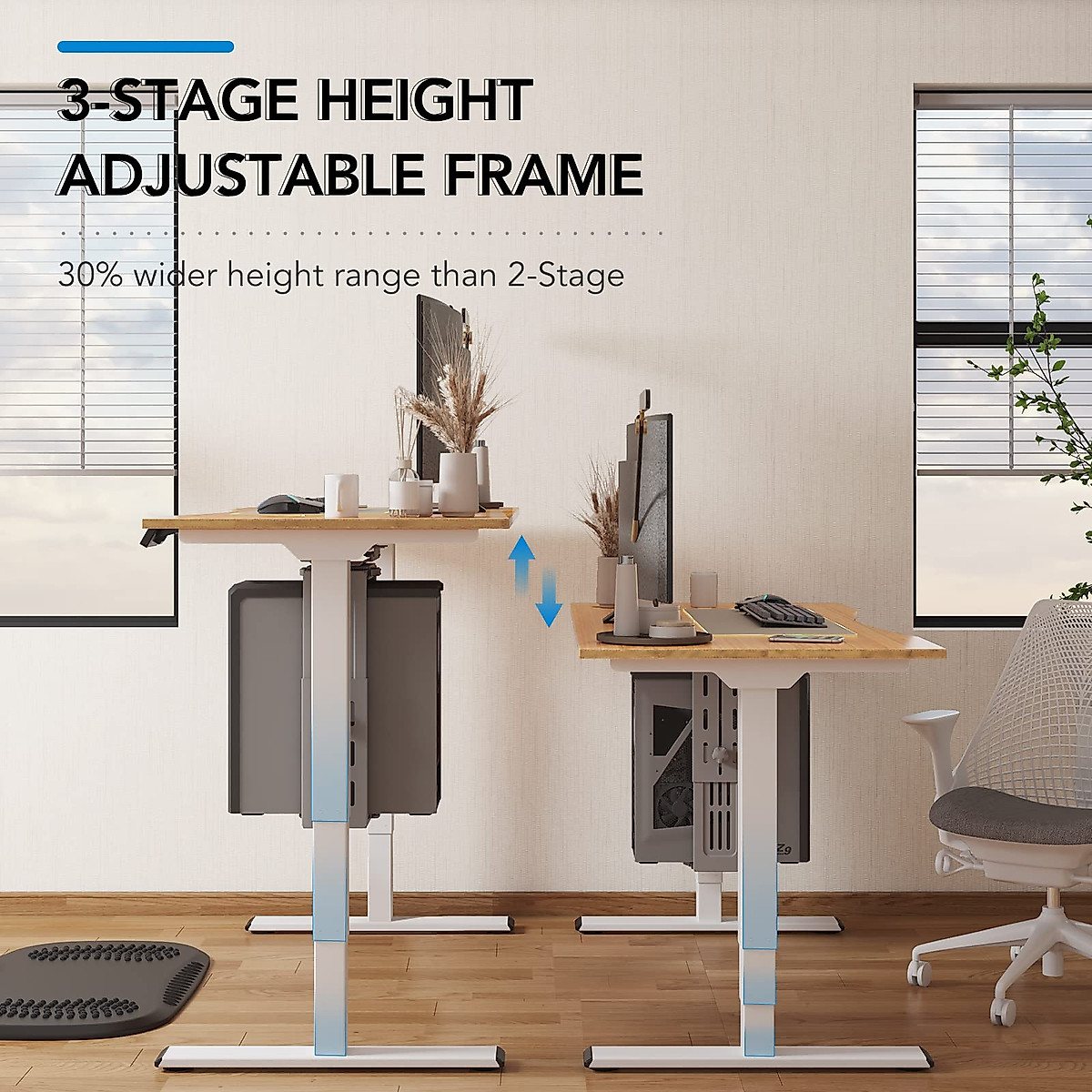 FLEXISPOT Pro Bamboo 3 Stages Dual Motor Electric Standing Desk 55x28 inch Whole-Piece Desk Board Height Adjustable Desk Electric Sit Stand Up Desk Modern Desk (White Frame + Bamboo Desktop)