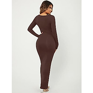 Floerns Women's Solid Long Sleeve Scoop Neck Bodycon Pencil Maxi Dress Coffee Brown S