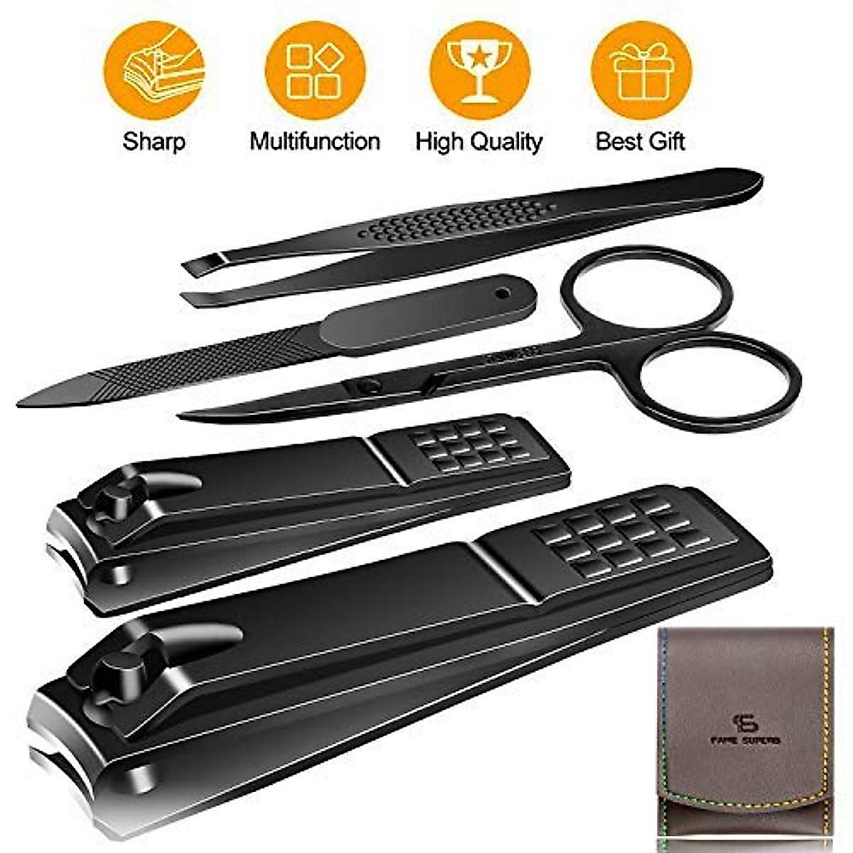 Manicure Pedicure Kit Nail Clippers Set Fingernails & Toenails Vibrissac Scissor 5 Pieces Best Care Tools for Man & Women with Travel Case (Gray/black_A)