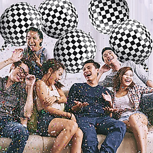 14 Pieces Foil Checkered Balloons 22 Inch Checkered Racing Car Balloons Black White Checkerboard Balloons Racing Themed Birthday Balloons with Black Ribbon for Racing Themed Party Decoration