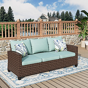 MIXPATIO Patio Couch Wicker 3-Seat Outdoor Brown Rattan Sofa Deep Seating Furniture Blue Cushion