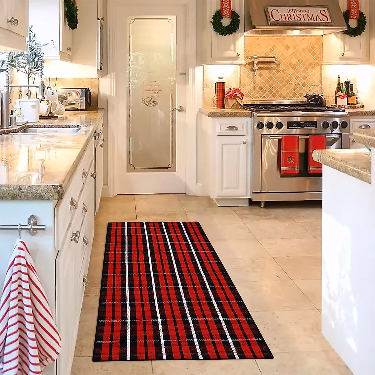 Buffalo Plaid Outdoor Rug Christmas Door Mat Christmas Decor Welcome Rug Cotton Hand-Woven Layered Door Mats for Front Porch, Kitchen, Farmhouse, Entryway (24"x51", Red/Black/White)
