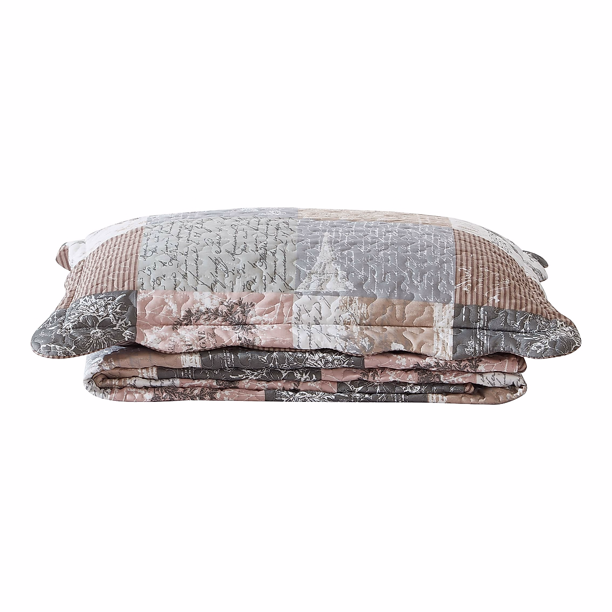 Brilliant Sunshine Latte Grey Paris and Toile Floral Patchwork, 2-Piece Quilt Set with 1 Sham, Reversible Bedspread, Soft Lightweight Coverlet, All-Season, Twin, Latte Grey