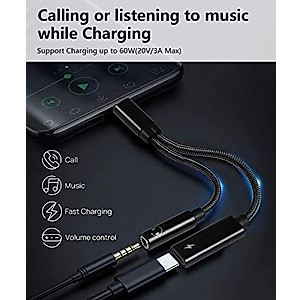 USB C to 3.5mm Headphone and Charger Adapter, 2 IN 1 Type C to Hi-Res DAC Aux Audio Jack PD 60W Fast Charge Dongle Fit with Galaxy S23 S22 S21 Ultra Note 20, Pixel 7 6 5XL 4, iPad/MacBook Pro/Air
