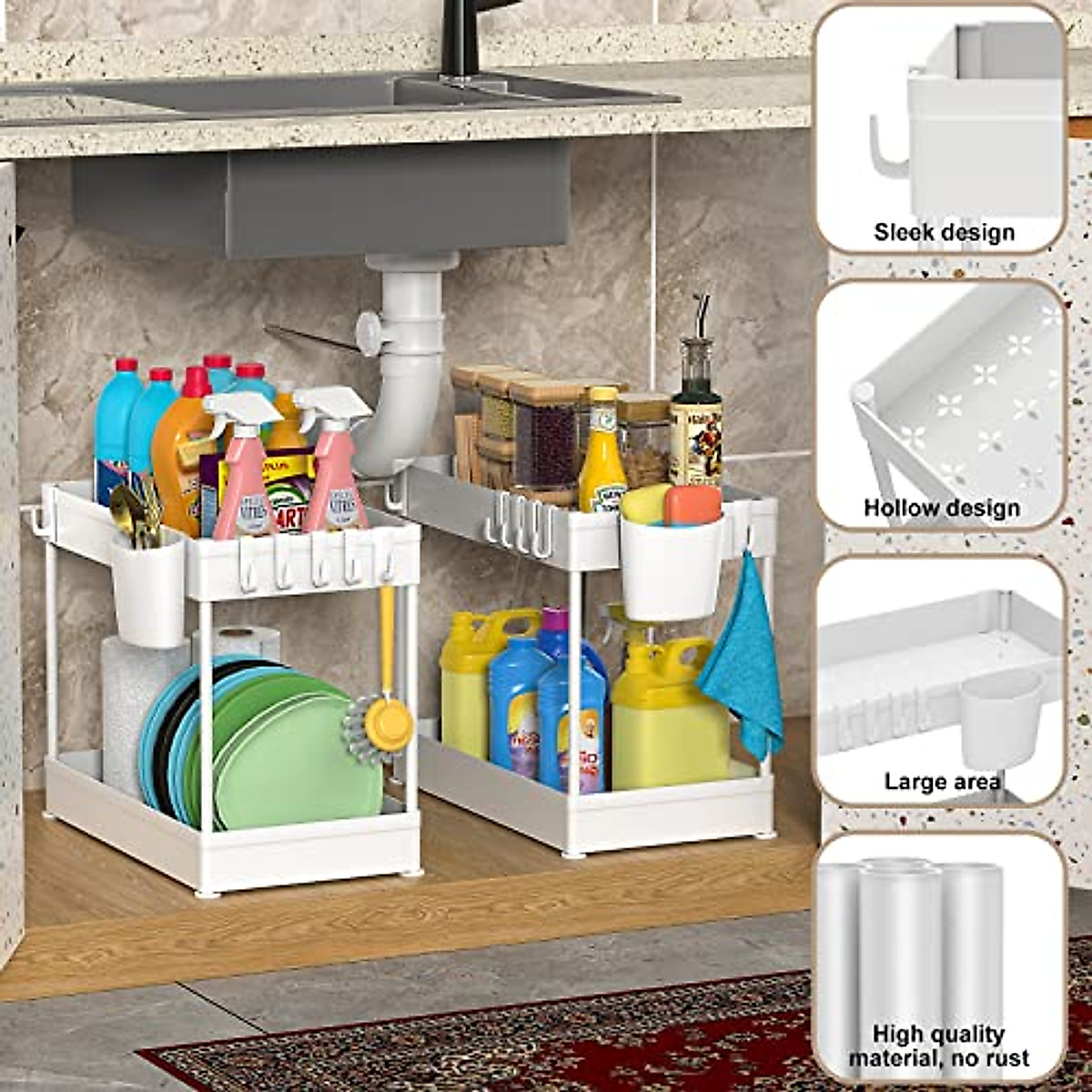 Hekaty 2PCS Under Sink Organizer and Storage Multi-purpose 2 Tier Bathroom Organizer Storage Cabinet Kitchen Organizer Storage With Cup & Hooks Cleaning Supplies Organizer with Hanging Cup Hooks White