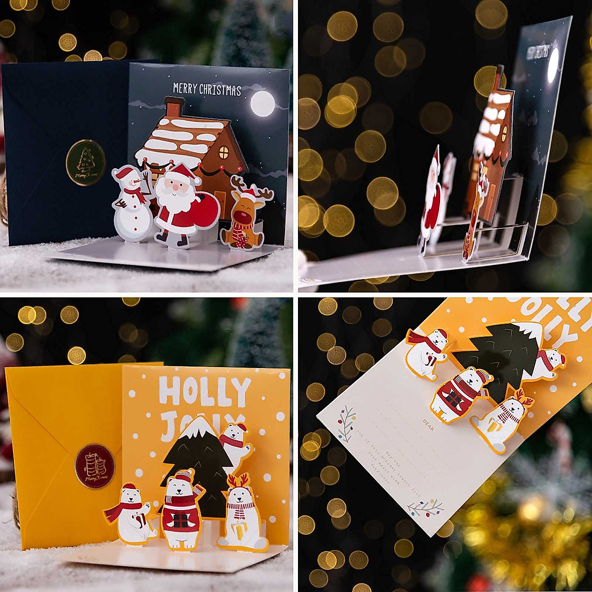 HILUCK 3D Pop Up Christmas Greeting Cards, Handmade Cards with Envelope Set of 9, For Chris Holiday- Feature Xmas Tree, Snowman, Reindeer, Santa and Bell