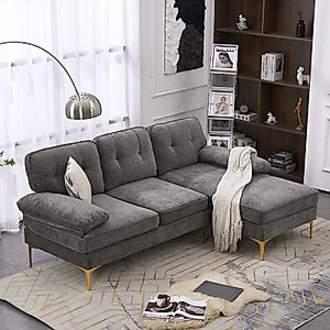 Karl home Sectional Sofa 83" L-Shape Sofa Couch 3-Seat Couch with Chaise ChenilleFabric Upholstered for Living Room, Apartment, Office, Dark Gray