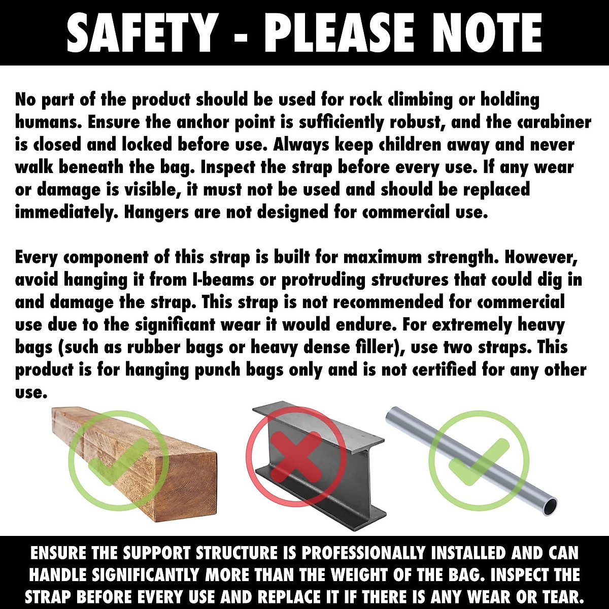 BULL DOZA FIGHT WEAR Boxing Punch Bag Strap/Sling – Heavy Duty Bag Hanger with 9mm Steel Screw Lock Carabiner – Durable Reinforced Stitching with 500lbs Bag Holding Capacity Strap Mount Black 3 Sizes