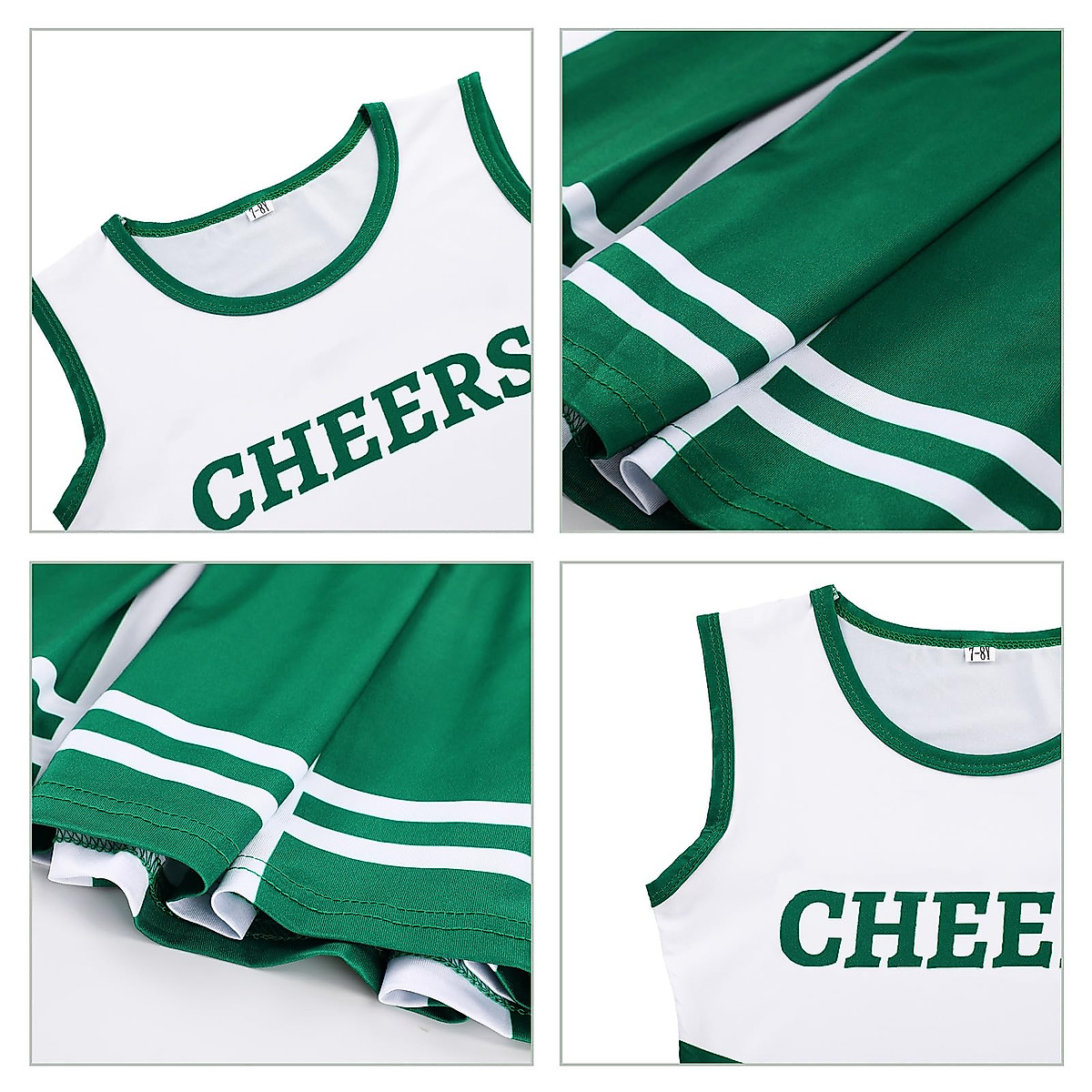 Unittype 4 Pieces Girls Cheerleader Costumes Outfit Cheer Uniform Halloween Dress for Party Birthday (Green, 5-6 Y)