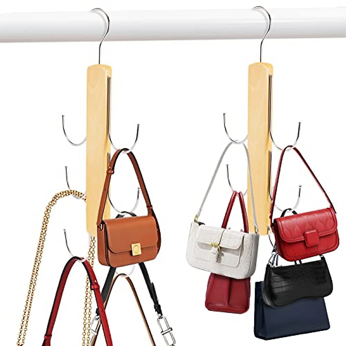 Volnamal Purse Hanger Organizer for Closet 2 Pack, Wood Handbag Storage Holder Metal Hanging Space Saving Hook, Closet Organizers and Storage Scarves, Ties, Shawls, Backpacks, Belts